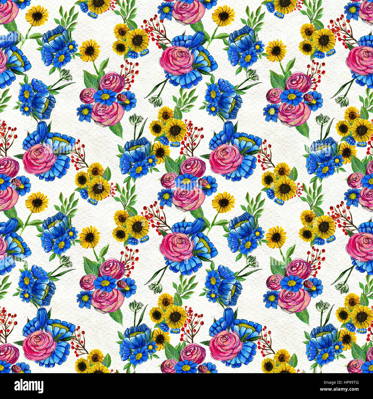 Seamless pattern with blue yellow and pink flowers Stock Photo - Alamy