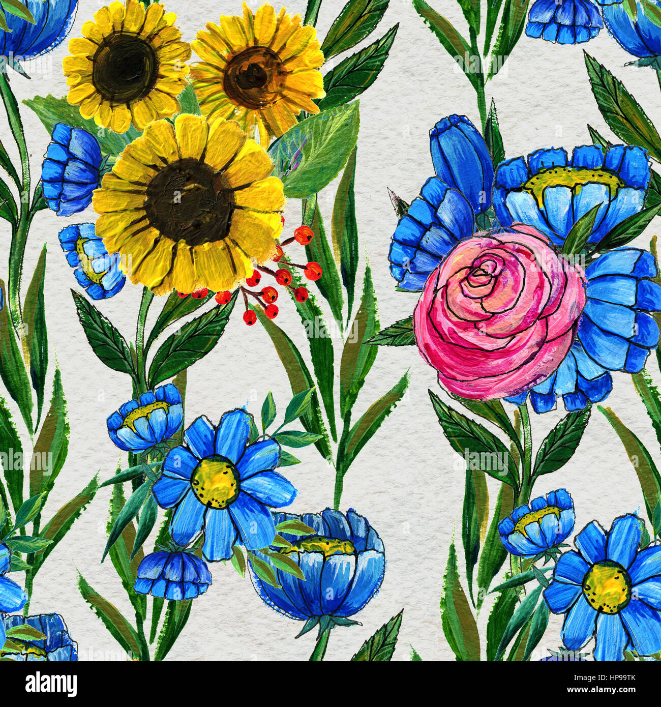 Seamless pattern with blue yellow and pink flowers Stock Photo - Alamy