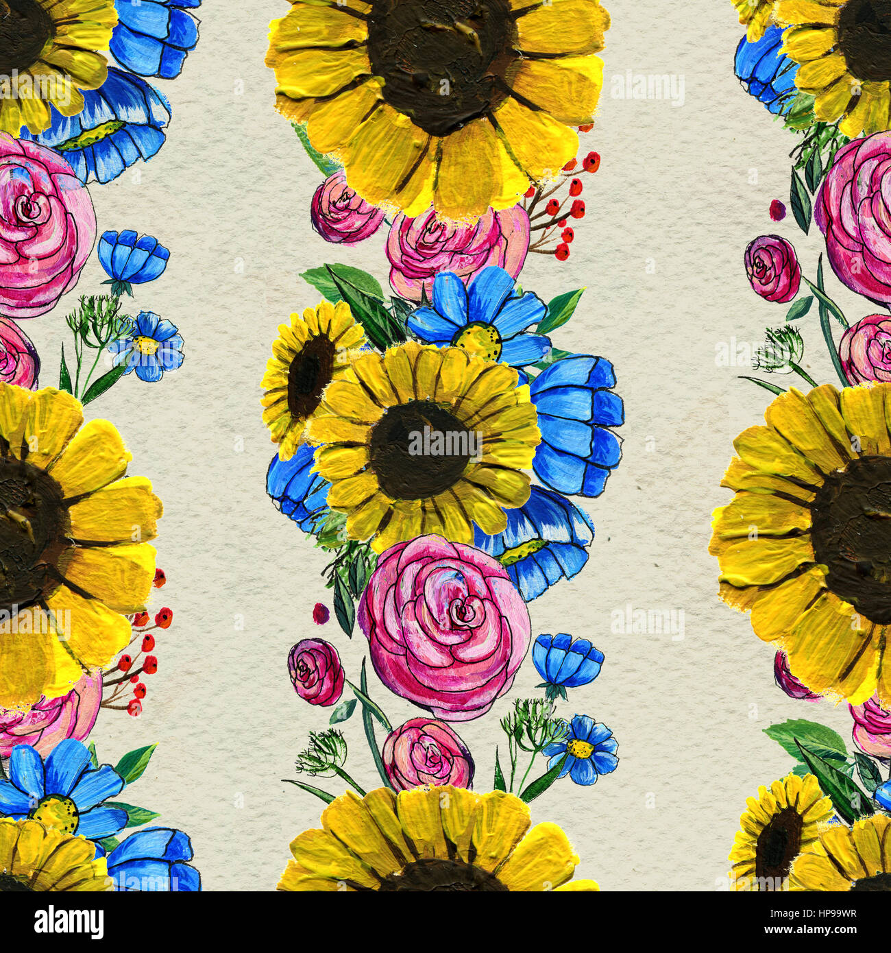 Seamless pattern with blue yellow and pink flowers Stock Photo - Alamy