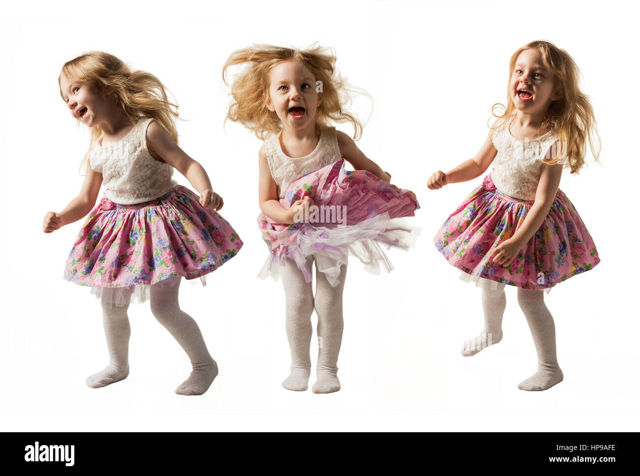 Little cute girl jumping, running, dancing, having fun. Isolated on ...