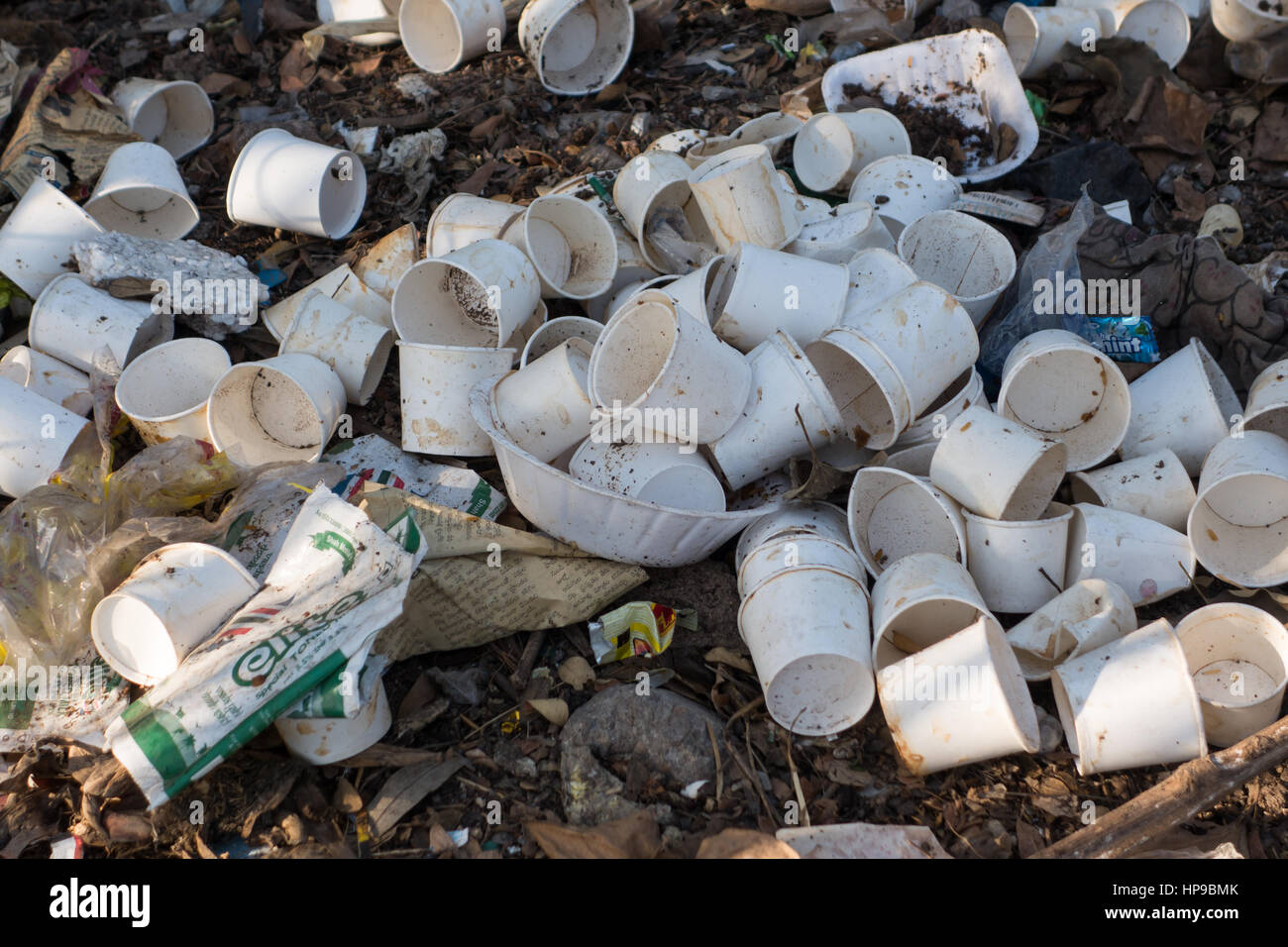 HYDERABAD, INDIA - FEBRUARY 20,2017 Used paper cups and trash lie on ...