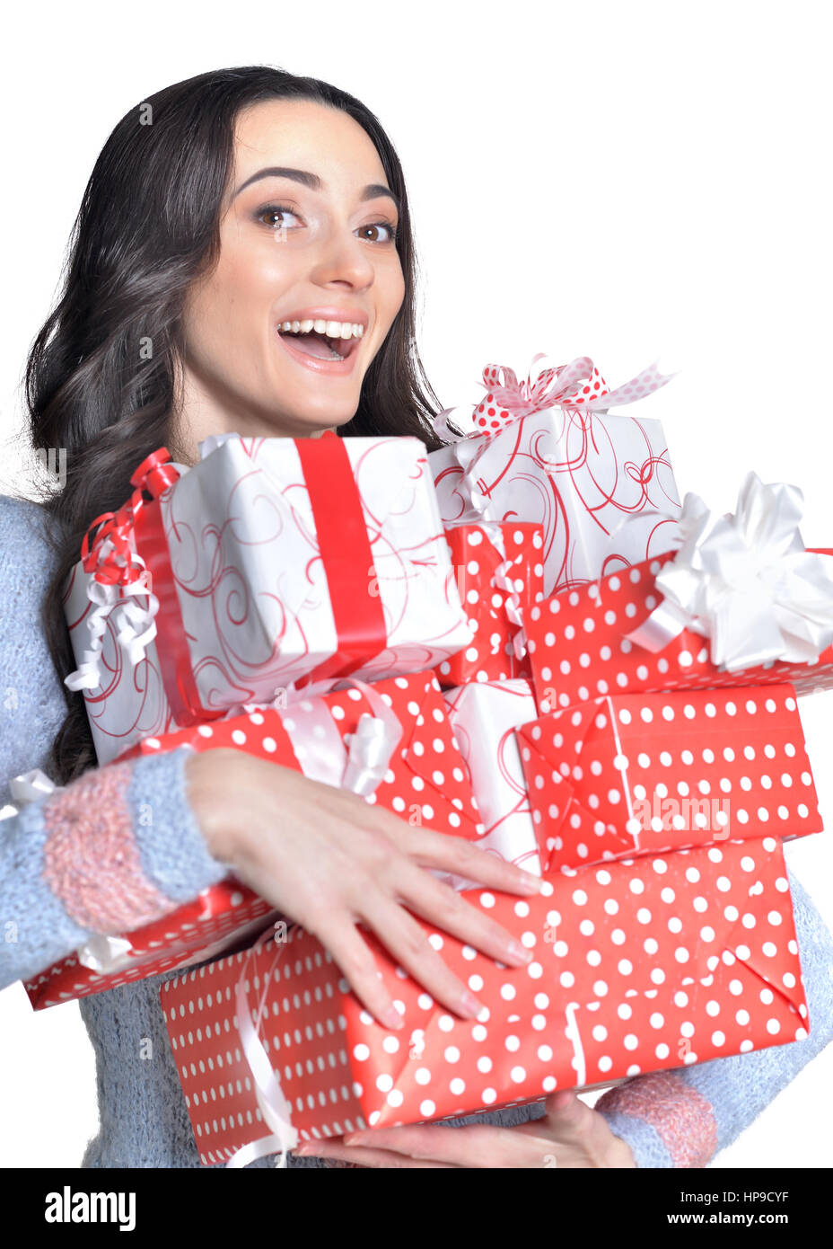 woman with present boxes Stock Photo - Alamy