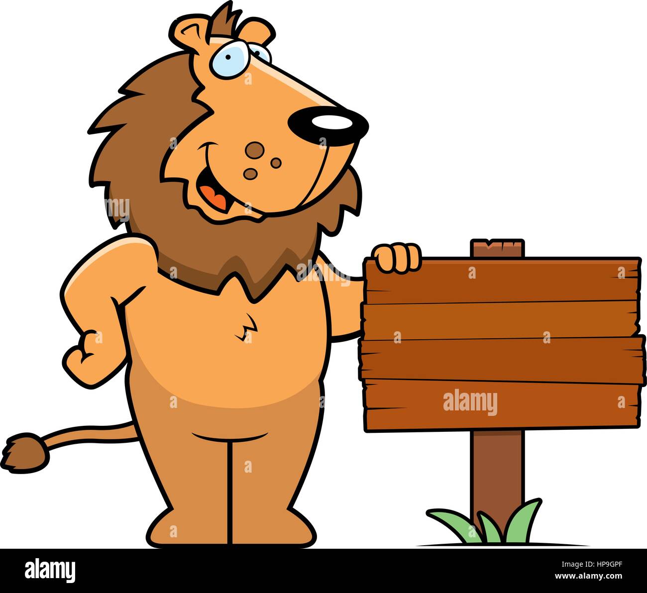 A happy cartoon lion standing next to a wood sign Stock Vector Image ...