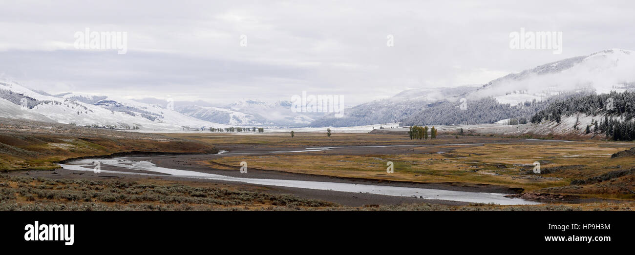 Lamar River flowing through Lamar Valley after an Autumn snowfall in ...