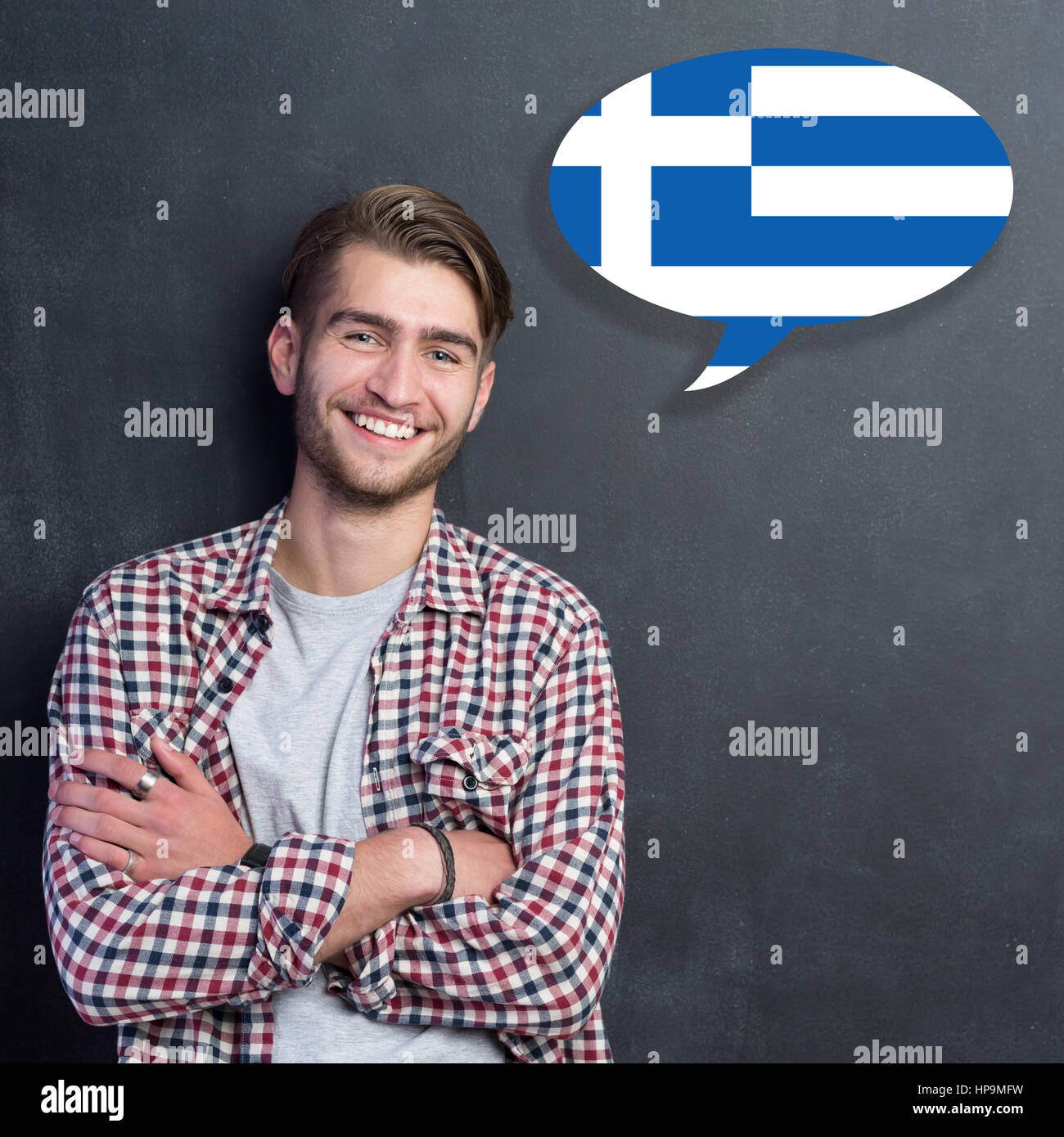 Man learn speaking greek in bubble Stock Photo - Alamy