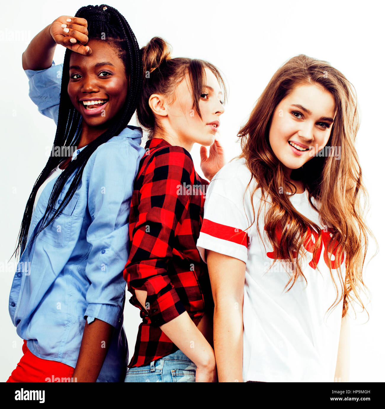 diverse multi nation girls group, teenage friends company cheerful ...