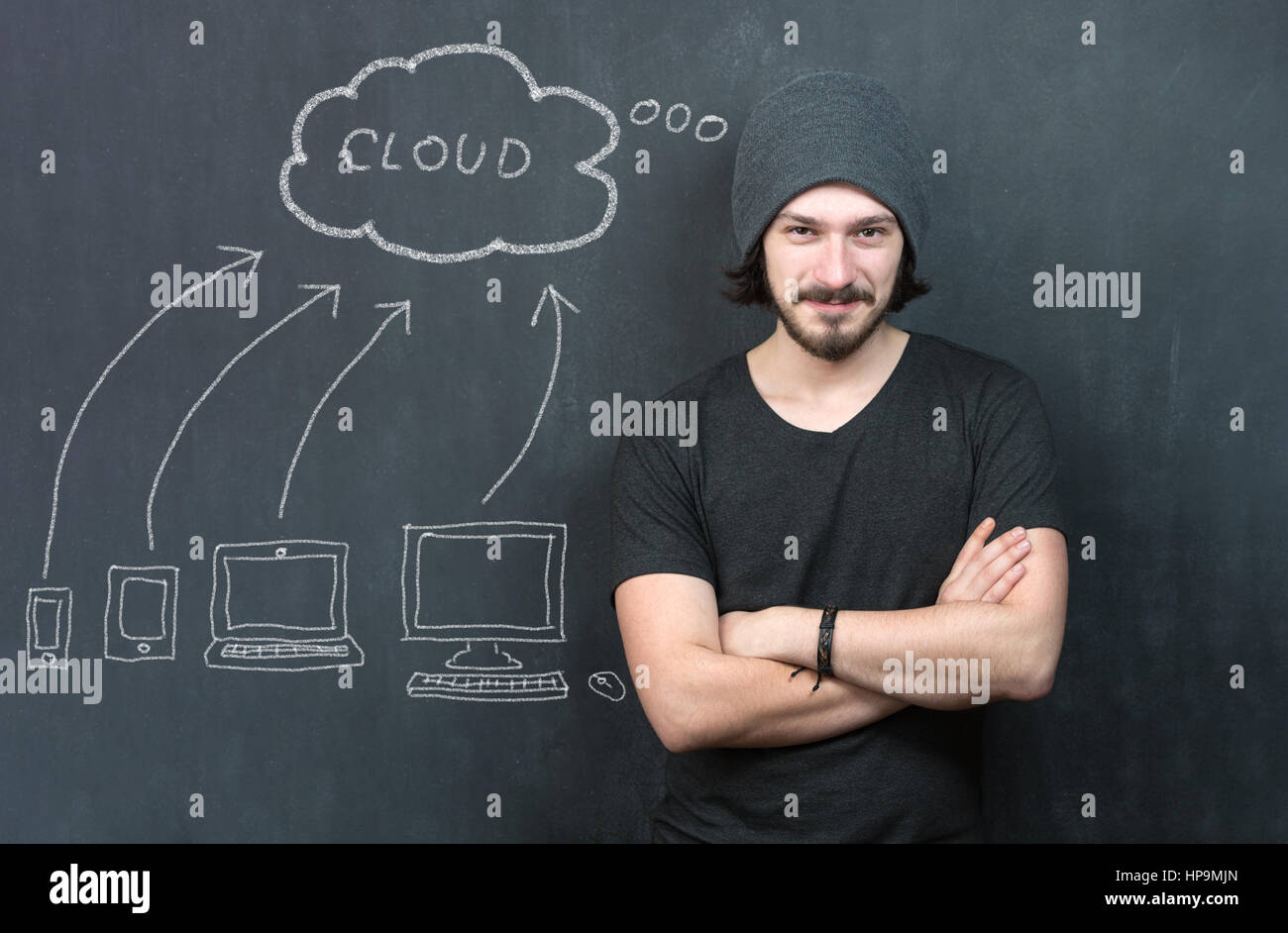 Portrait of man with cloud computing diagram on the chalkboard. Cloud ...