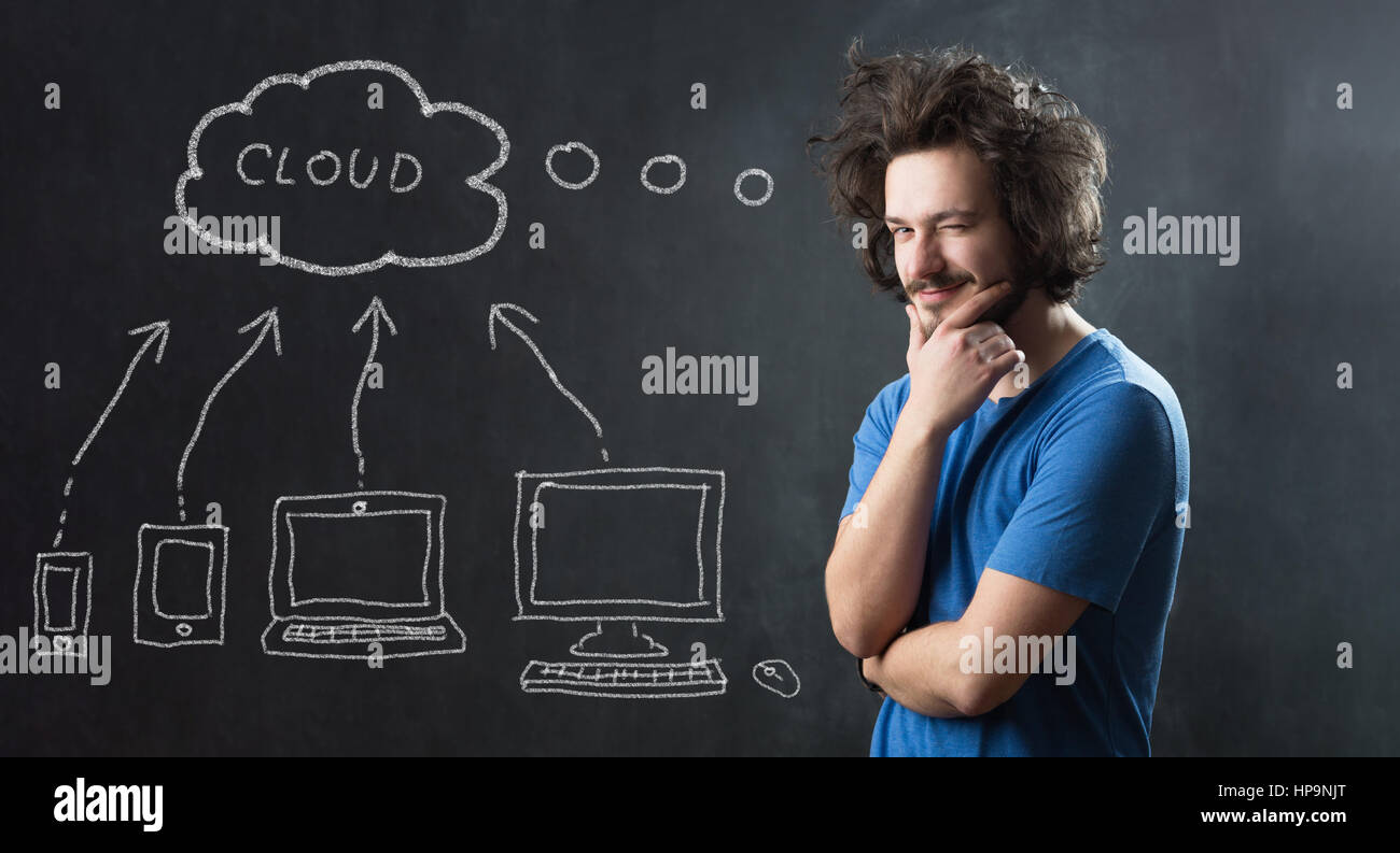 Portrait of man with cloud computing diagram on the chalkboard. Cloud ...