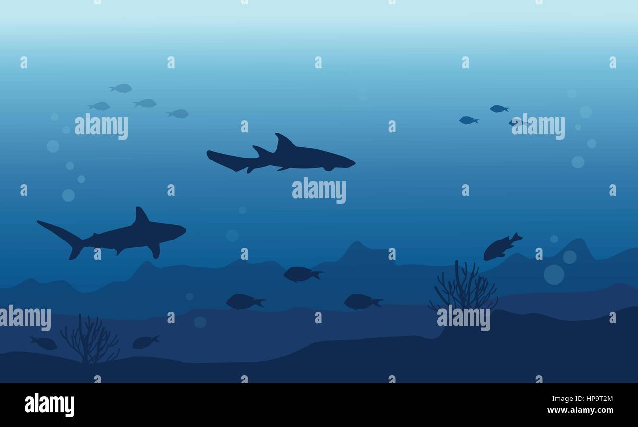 Silhouette of underwater with fish various landscape vector art Stock ...