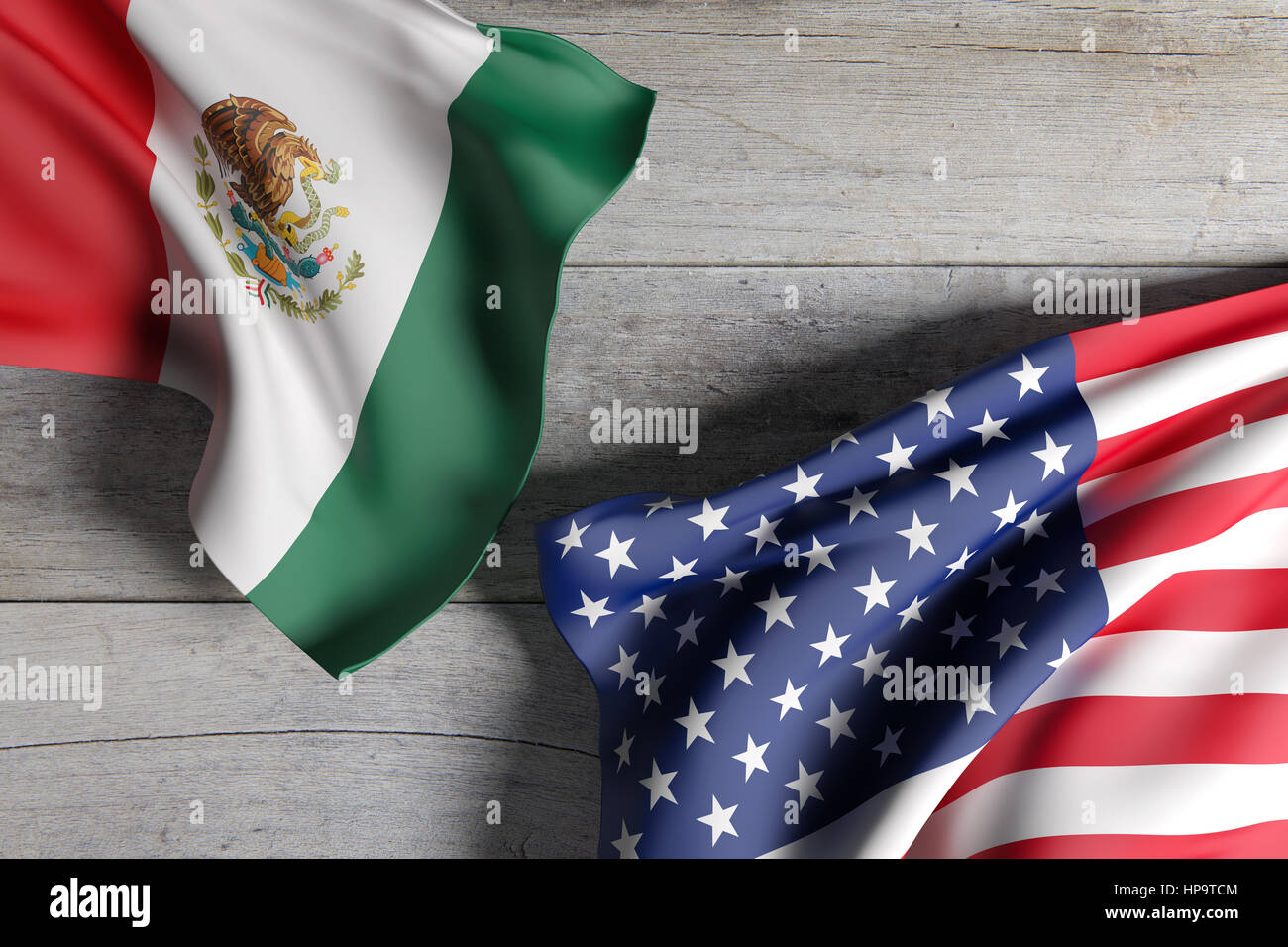 3d rendering of an United States of America and Mexico flag waving ...