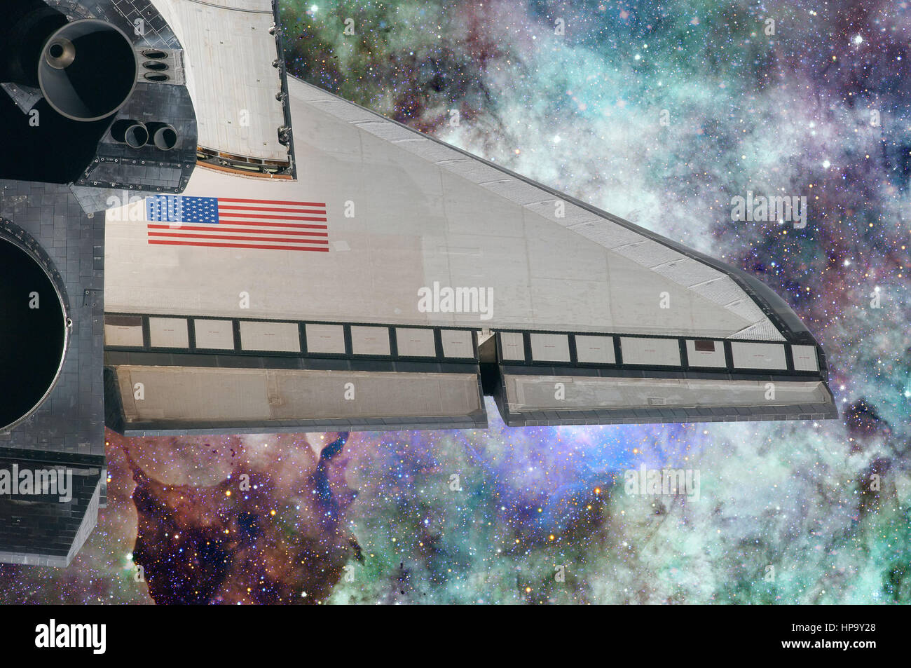 Space Shuttle over galaxy and space nebula. Elements of this image ...