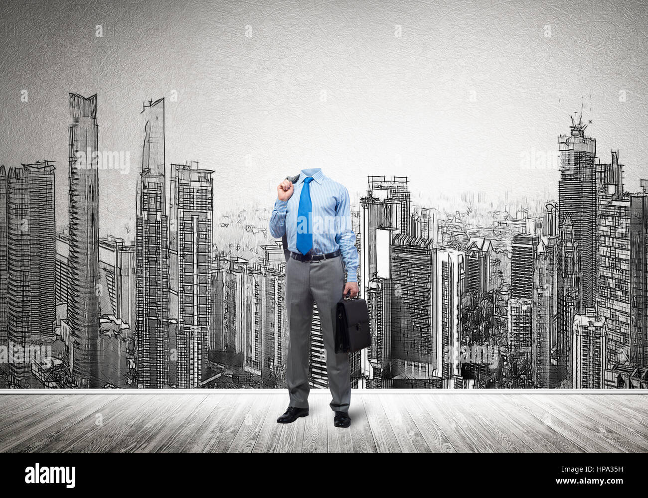 Headless engineer man with papers in hand against construction ...