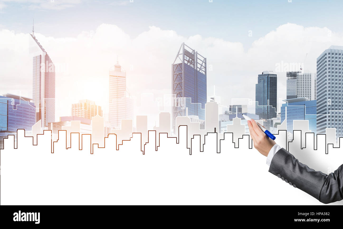 Hand of woman designer drawing with marker construction project Stock ...