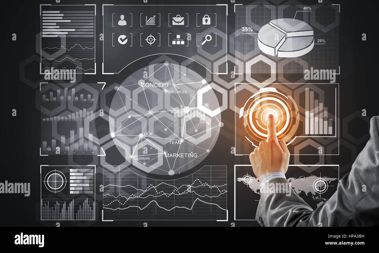 Back view of businessman working with virtual panel Stock Photo - Alamy