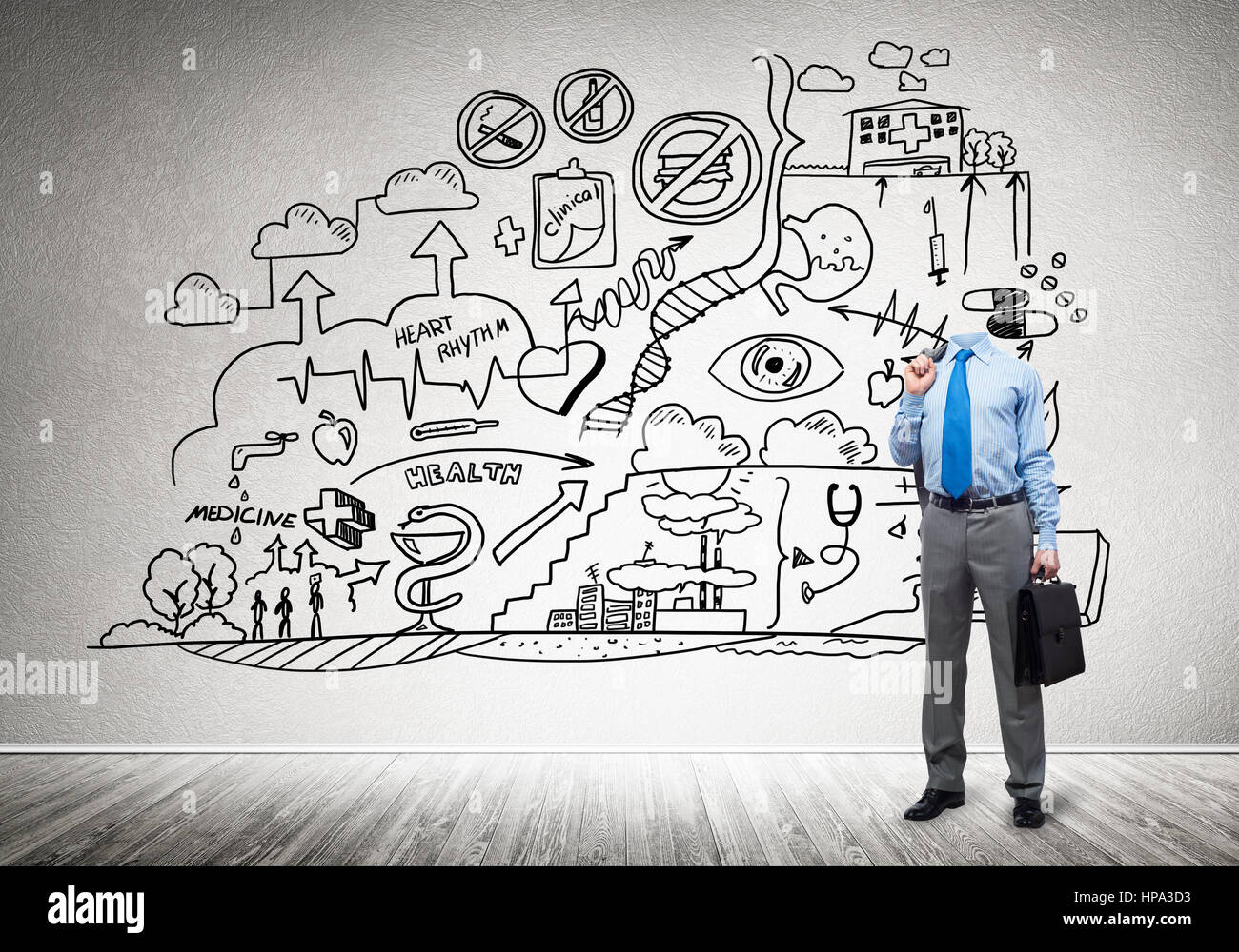 Headless engineer man with papers in hand against sketched background ...