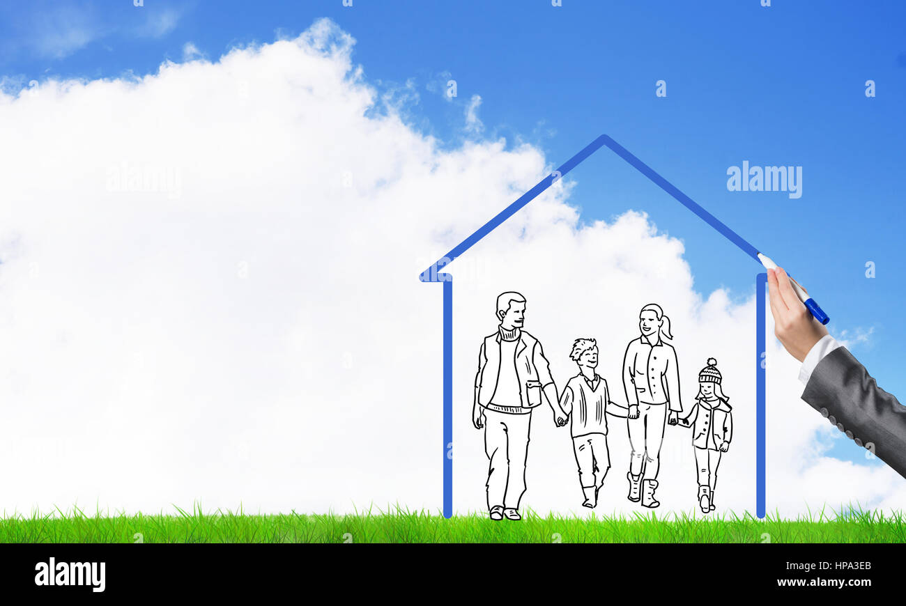 House figure as real estate symbol on clouds background Stock Photo - Alamy