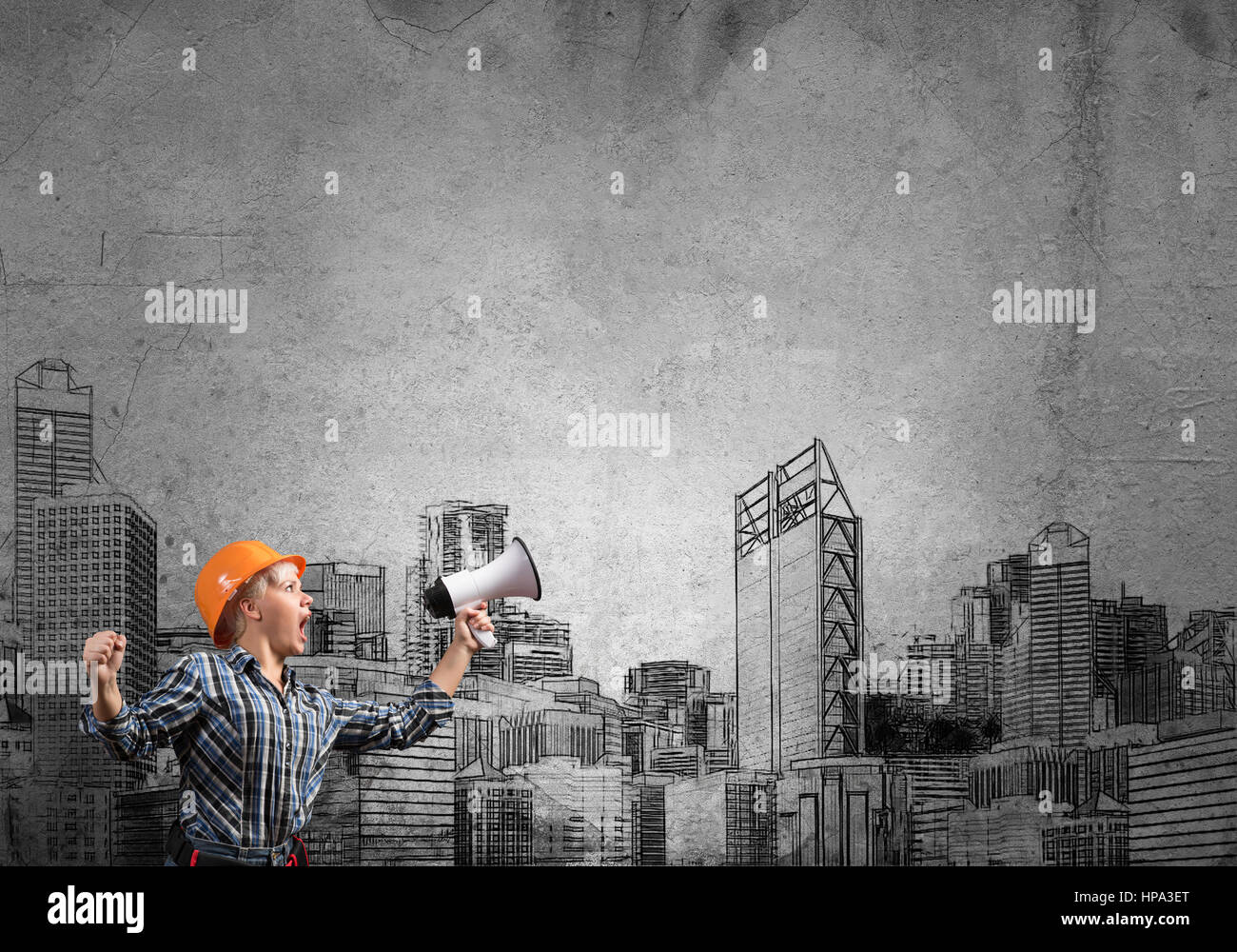 Engineer woman screaming in megaphone and sketches of construction ...