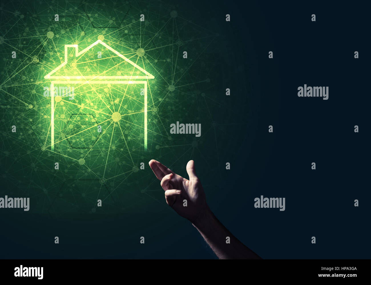 Hand of man touching with finger glowing home icon or symbol Stock ...