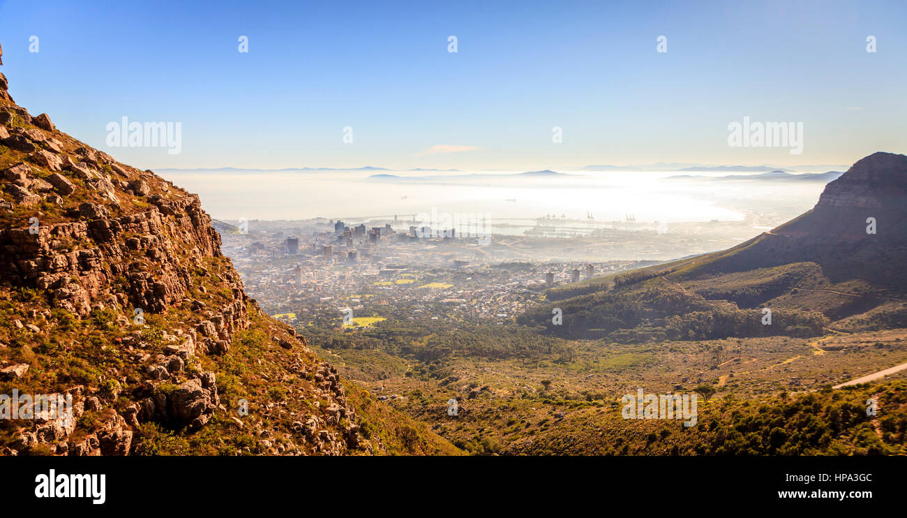 View of Cape Town in morning fog from Platteklip Gorge on Table ...