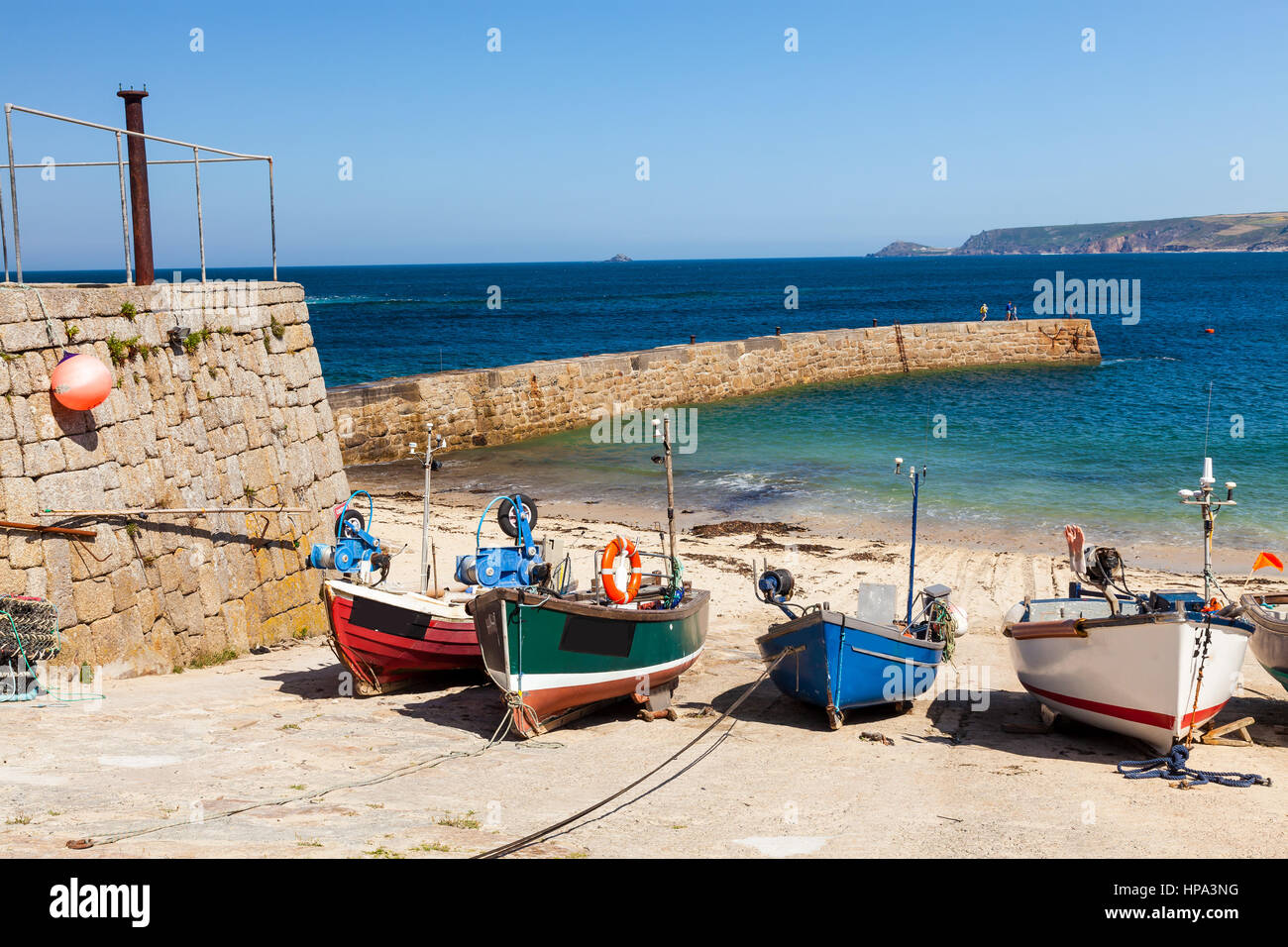 Small fishing boats in the harbour at Sennen Cove Cornwall England UK ...