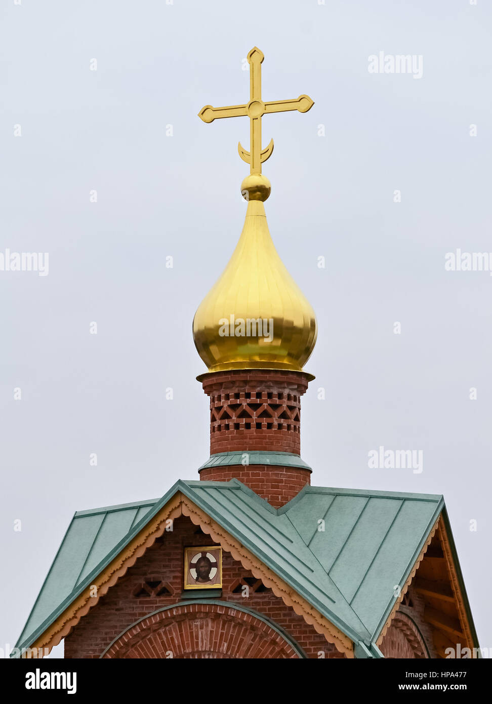 Detail of a small Orthodox church with golden cross on the roof Stock ...
