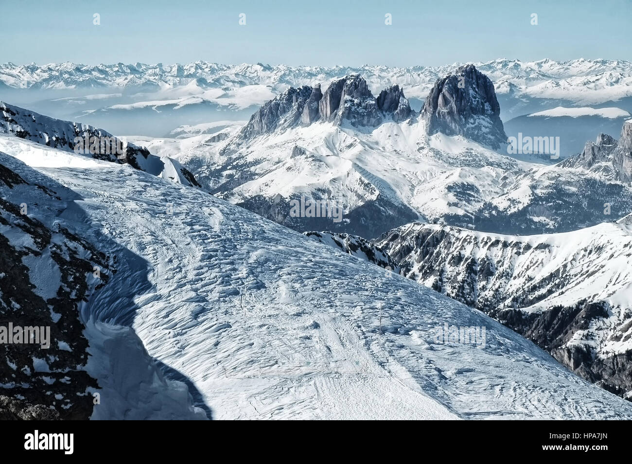 Ski resort in the Italian Dolomites. View from Marmolada glacier Stock ...