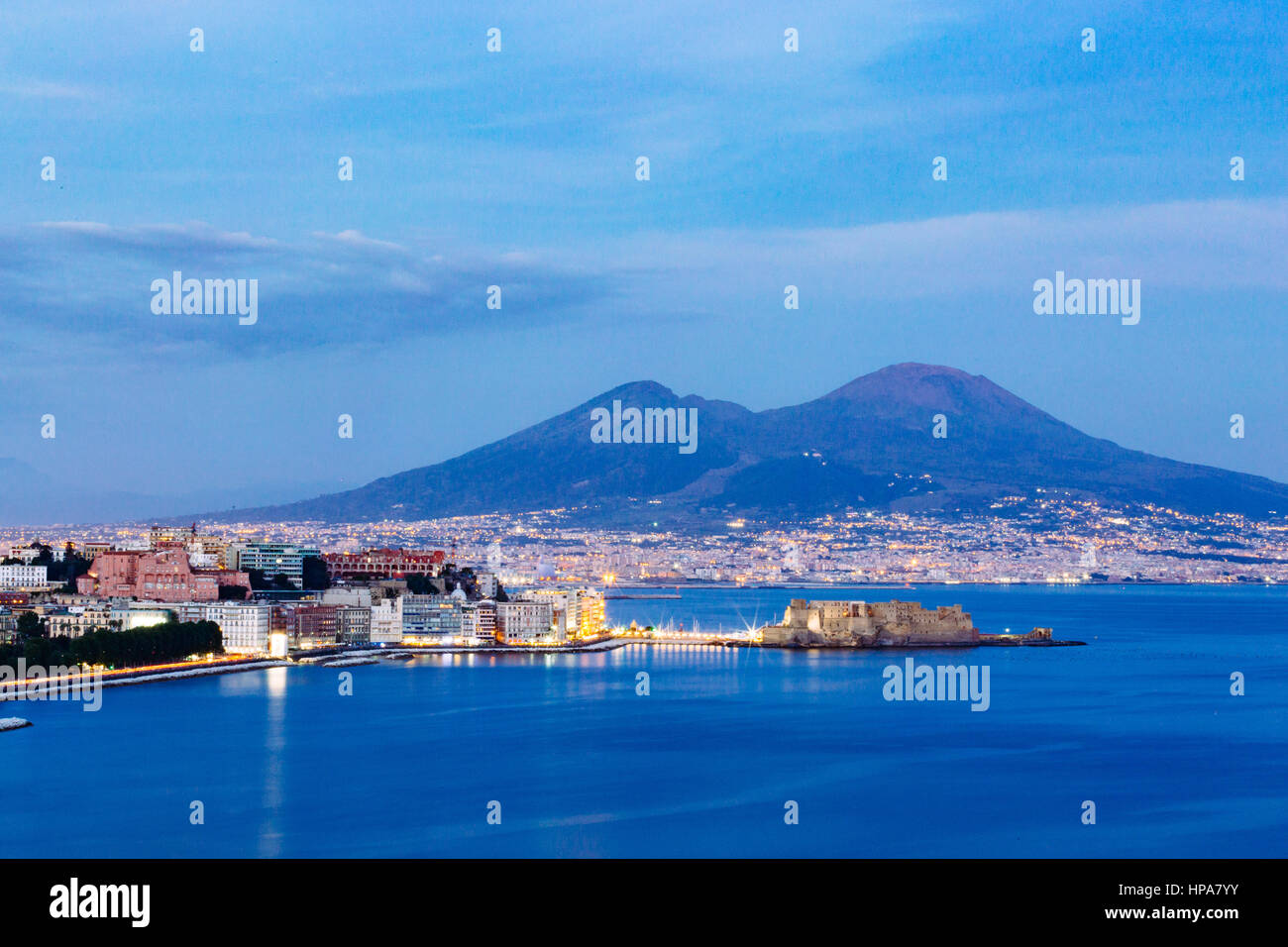 Naples, Campania, Italy. View of the bay by night and Mount Vesuvius ...