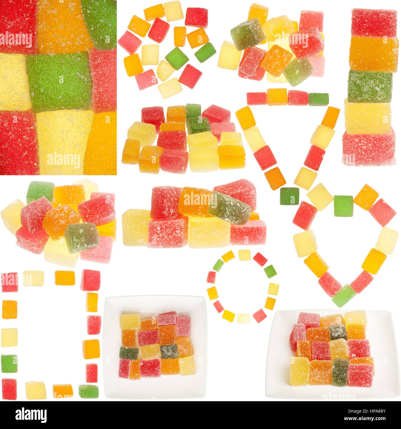 Collection of colorful sugar coated jelly candies in various shapes and ...