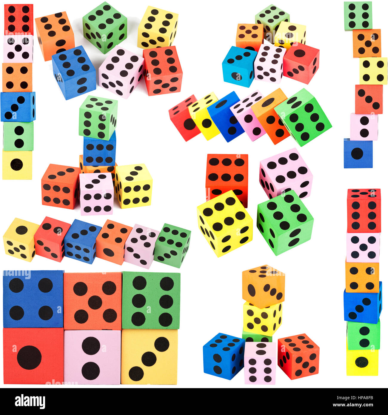 Big size collection of colorful foam dice isolated on white background ...