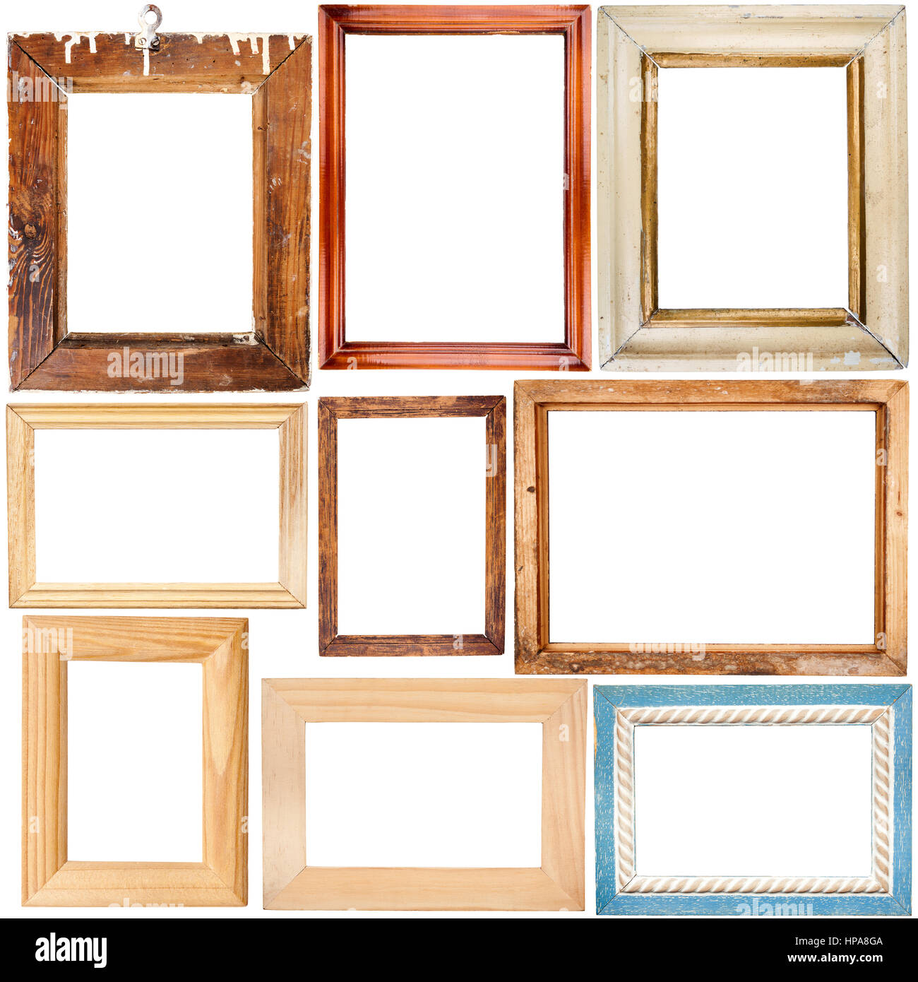Collection of various old wooden frames isolated on white background ...