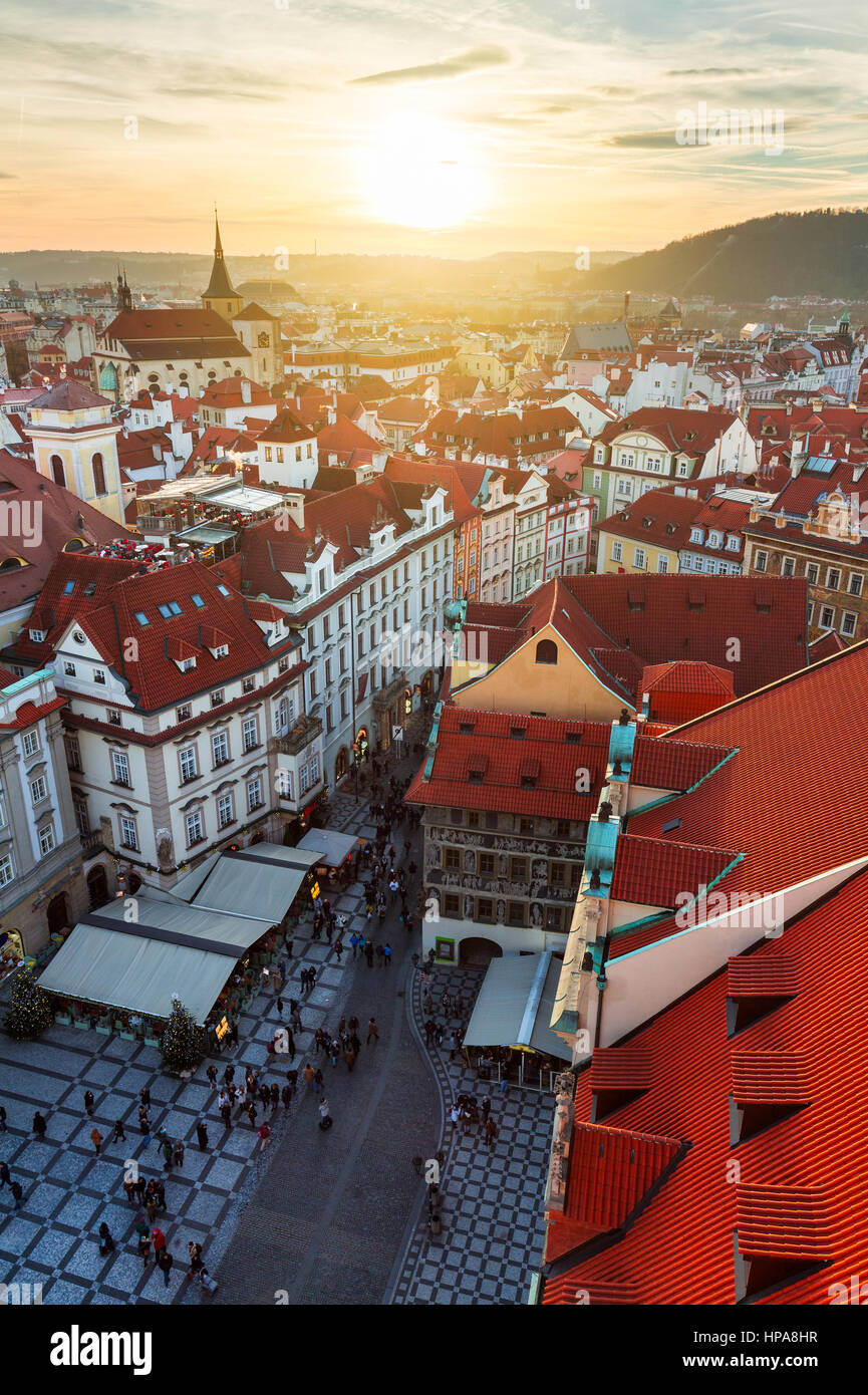 Top view to red roofs skyline of Prague city Czech republic Stock Photo ...