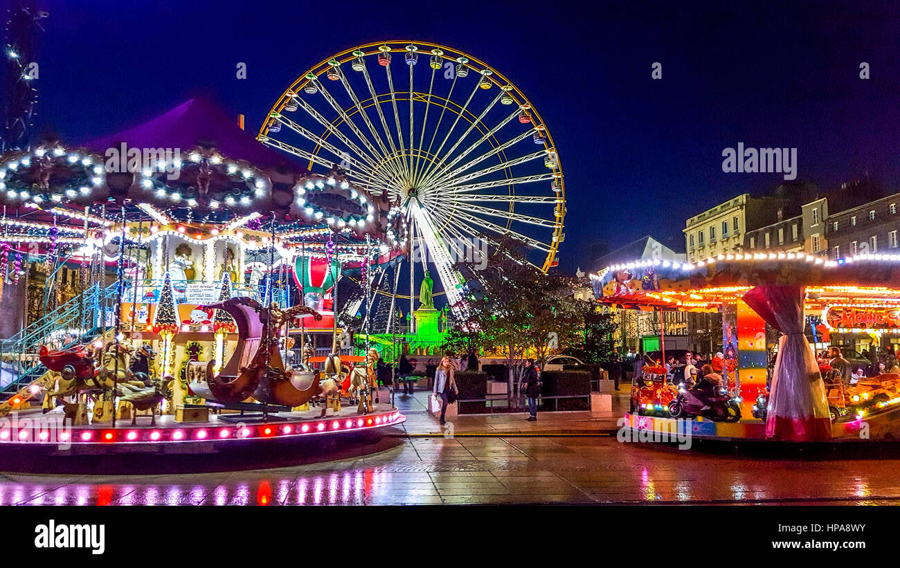 Ferris wheel at a traveling funfair in Clermont-Ferrand, France, Europe ...