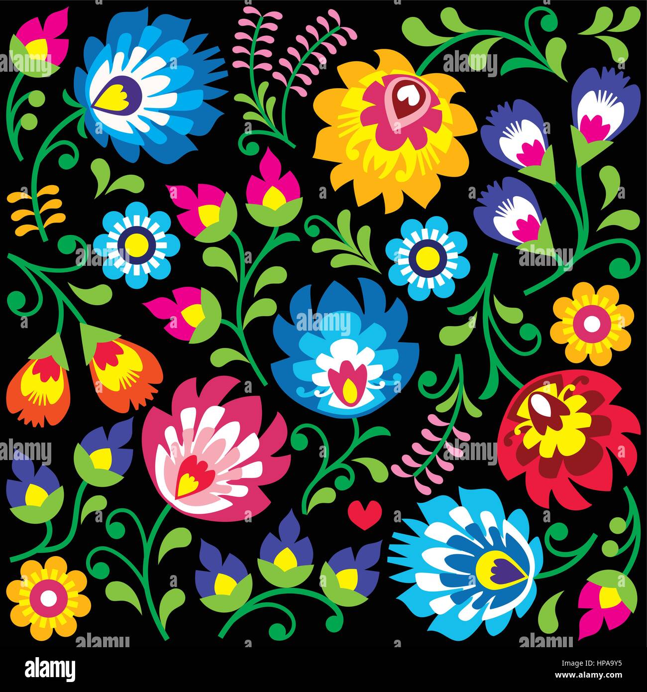 Floral Polish folk art pattern on black - Wzory Lowickie, Wycinanki ...