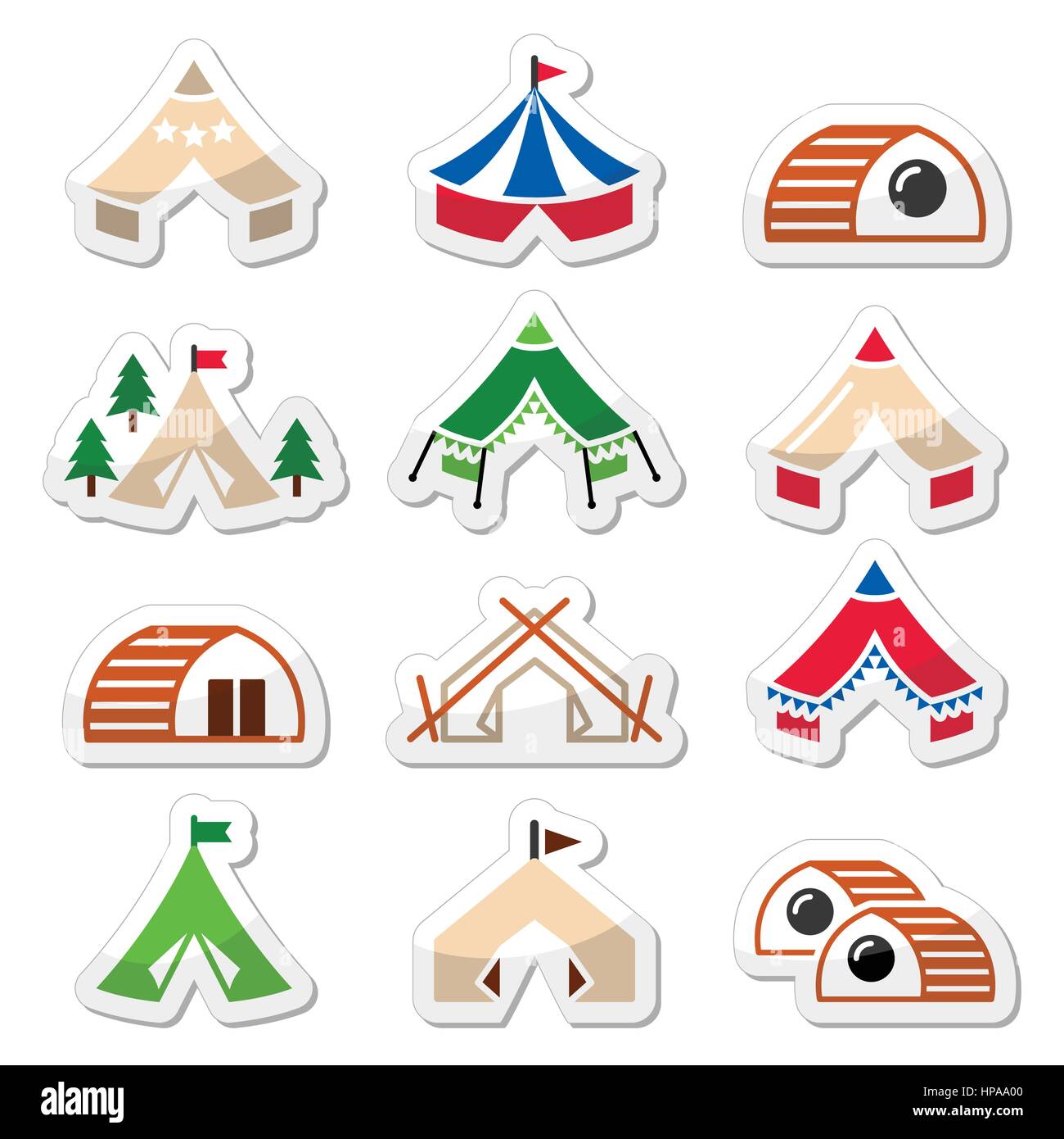 Glamping, luxurious camping tents and bambu houses icons set Stock ...