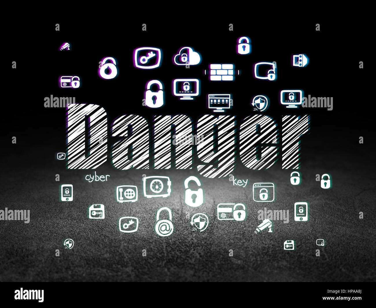 Privacy concept: Glowing text Danger, Hand Drawn Security Icons in ...