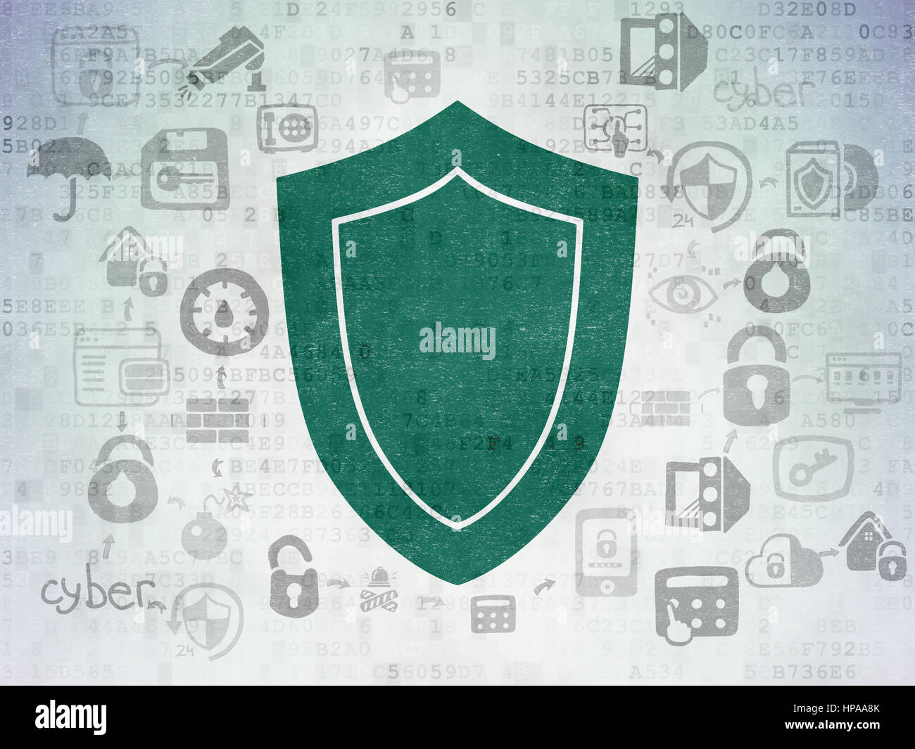 Protection concept: Painted green Shield icon on Digital Data Paper background with Scheme Of ...