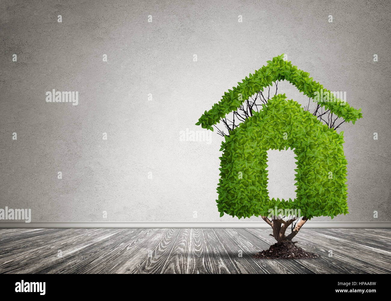 House shaped green tree as real estate concept Stock Photo - Alamy