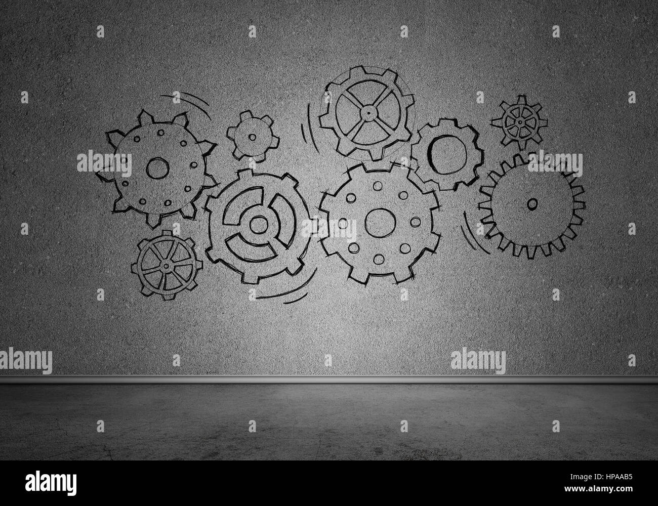 Gear hand drawn mechanism on gray wall Stock Photo - Alamy