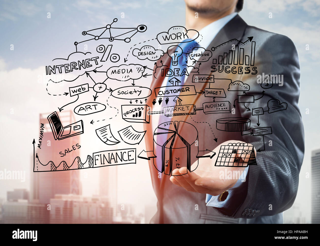 Close view of businessman drawing strategy plan on screen Stock Photo ...