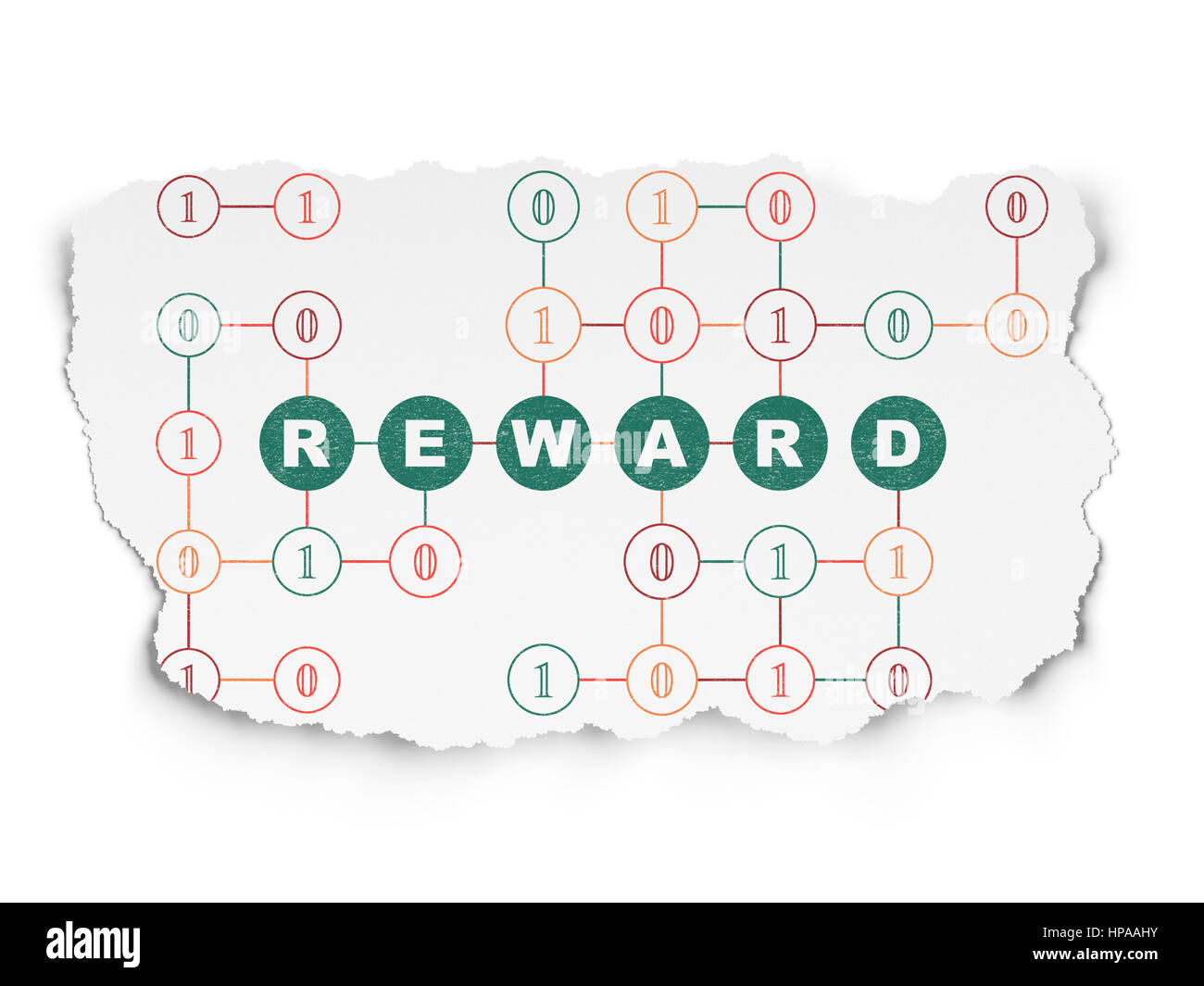Business concept: Painted green text Reward on Torn Paper background with Scheme Of Binary Code ...