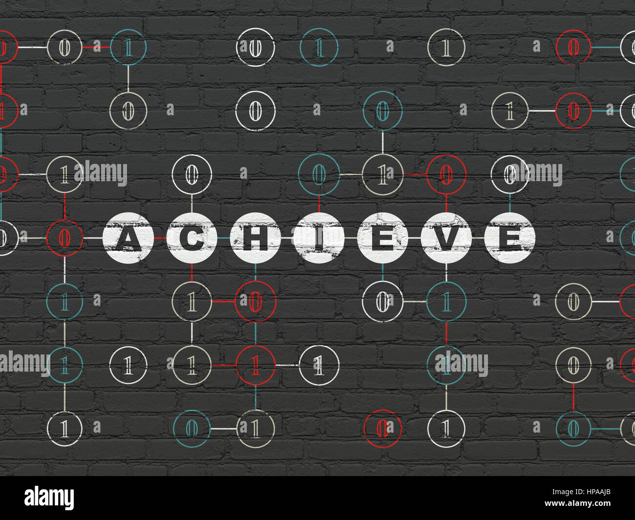Business concept: Painted white text Achieve on Black Brick wall background with Binary Code ...