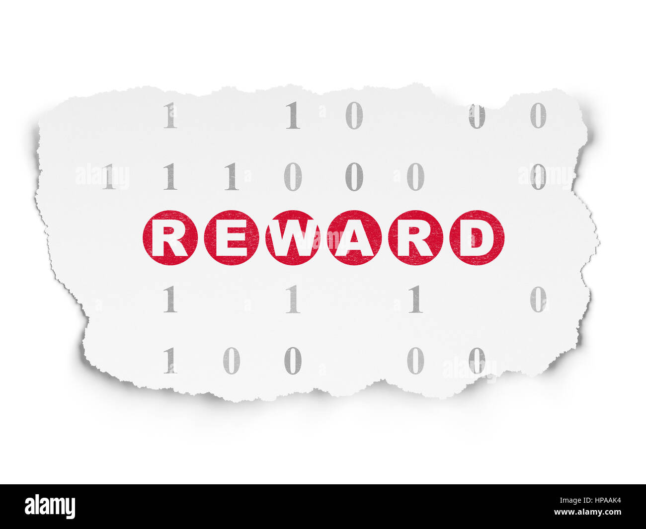 Business concept: Painted red text Reward on Torn Paper background with Binary Code Stock Photo ...