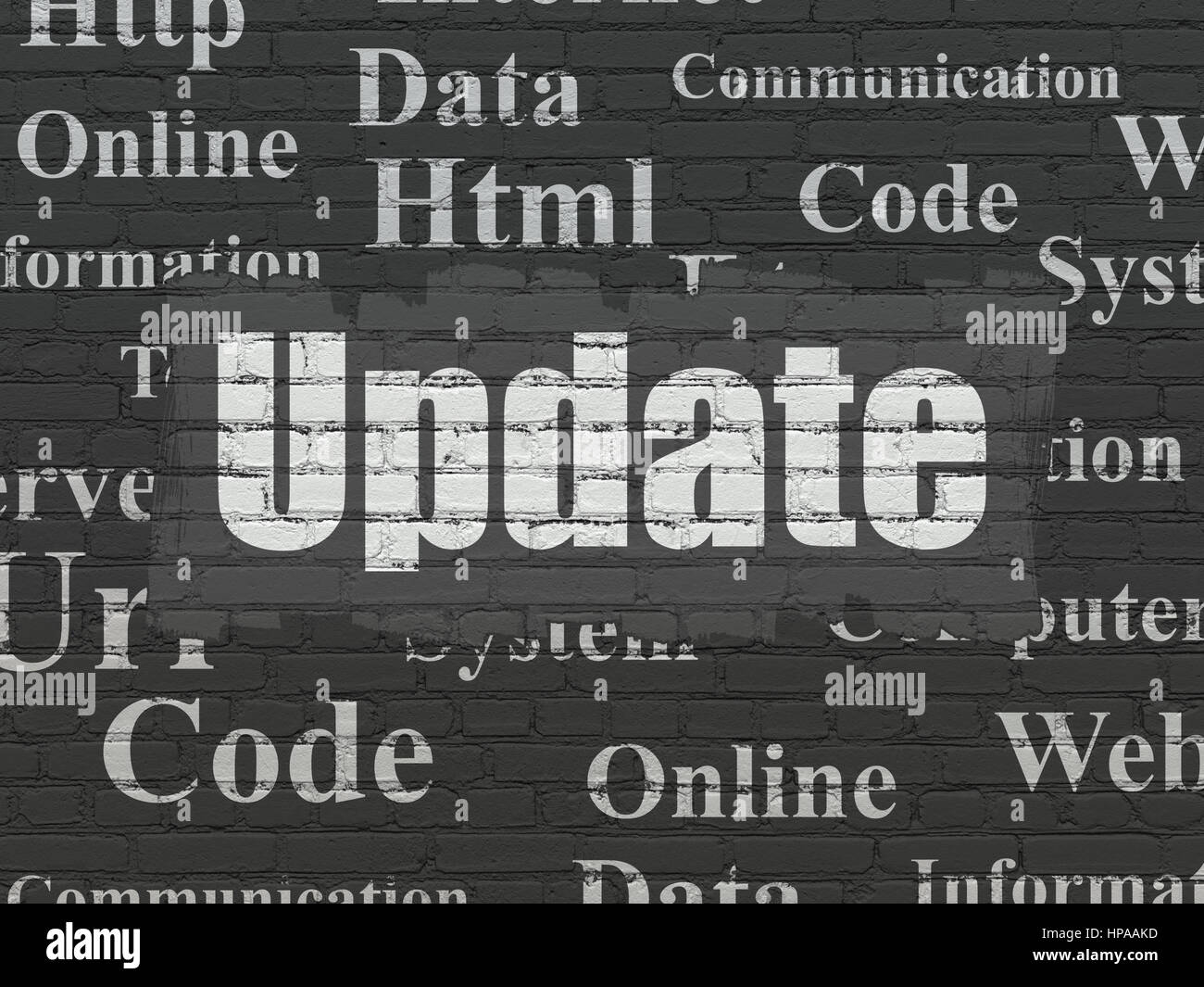Web design concept: Painted white text Update on Black Brick wall background with Tag Cloud ...