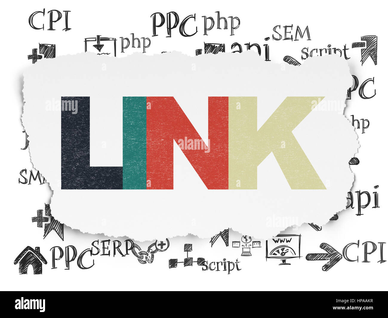 Web development concept: Painted multicolor text Link on Torn Paper background with Hand Drawn ...
