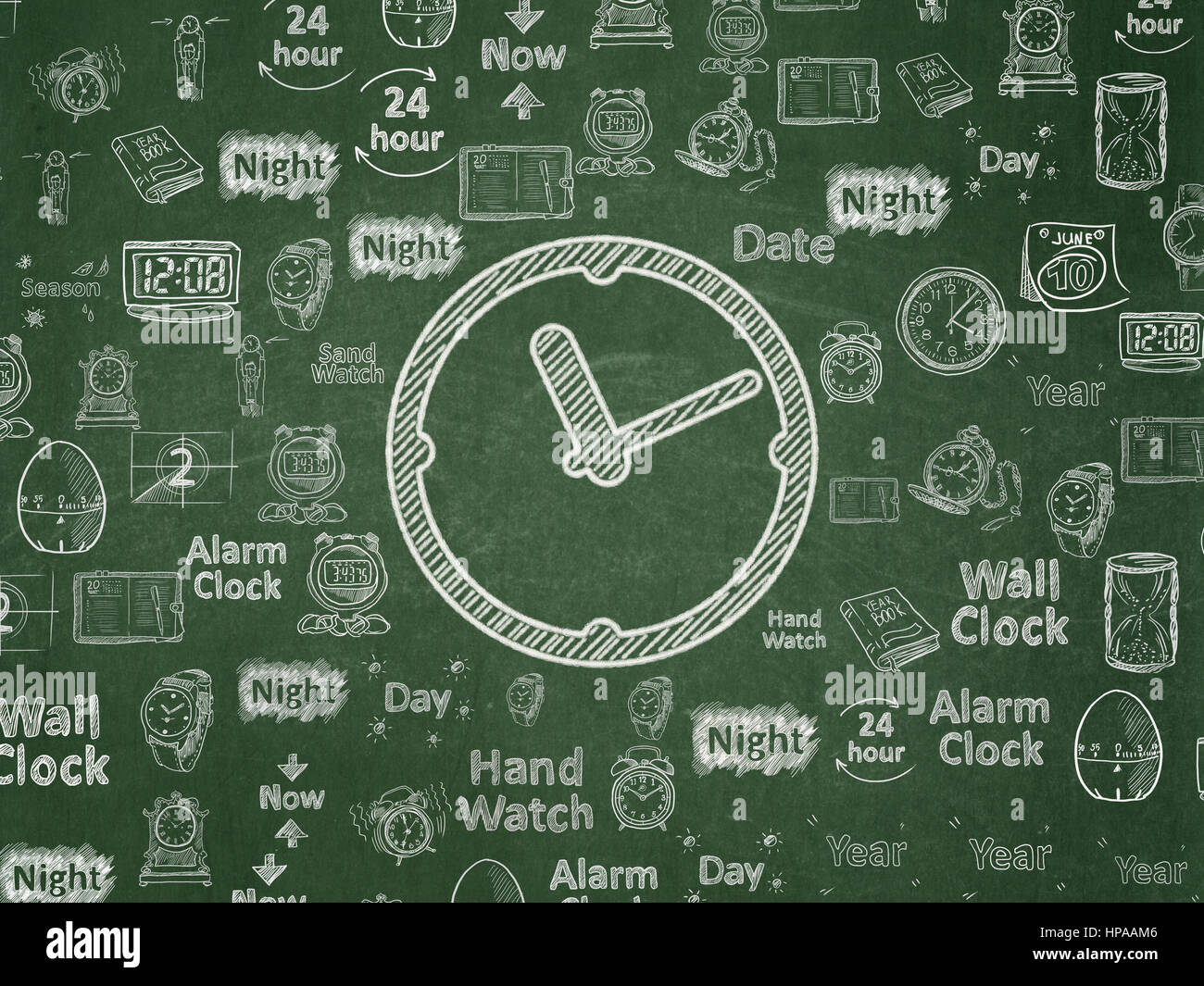 Time concept: Chalk White Clock icon on School board background with ...