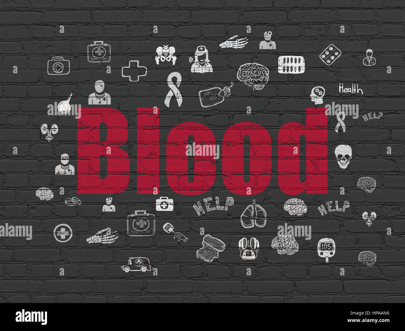 Healthcare concept: Painted red text Blood on Black Brick wall ...