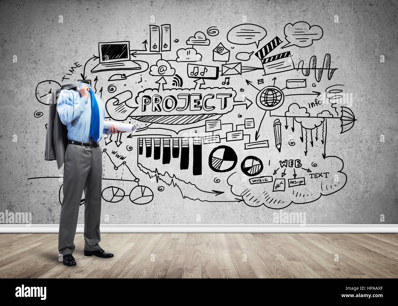 Headless engineer man with papers in hand against sketched background ...