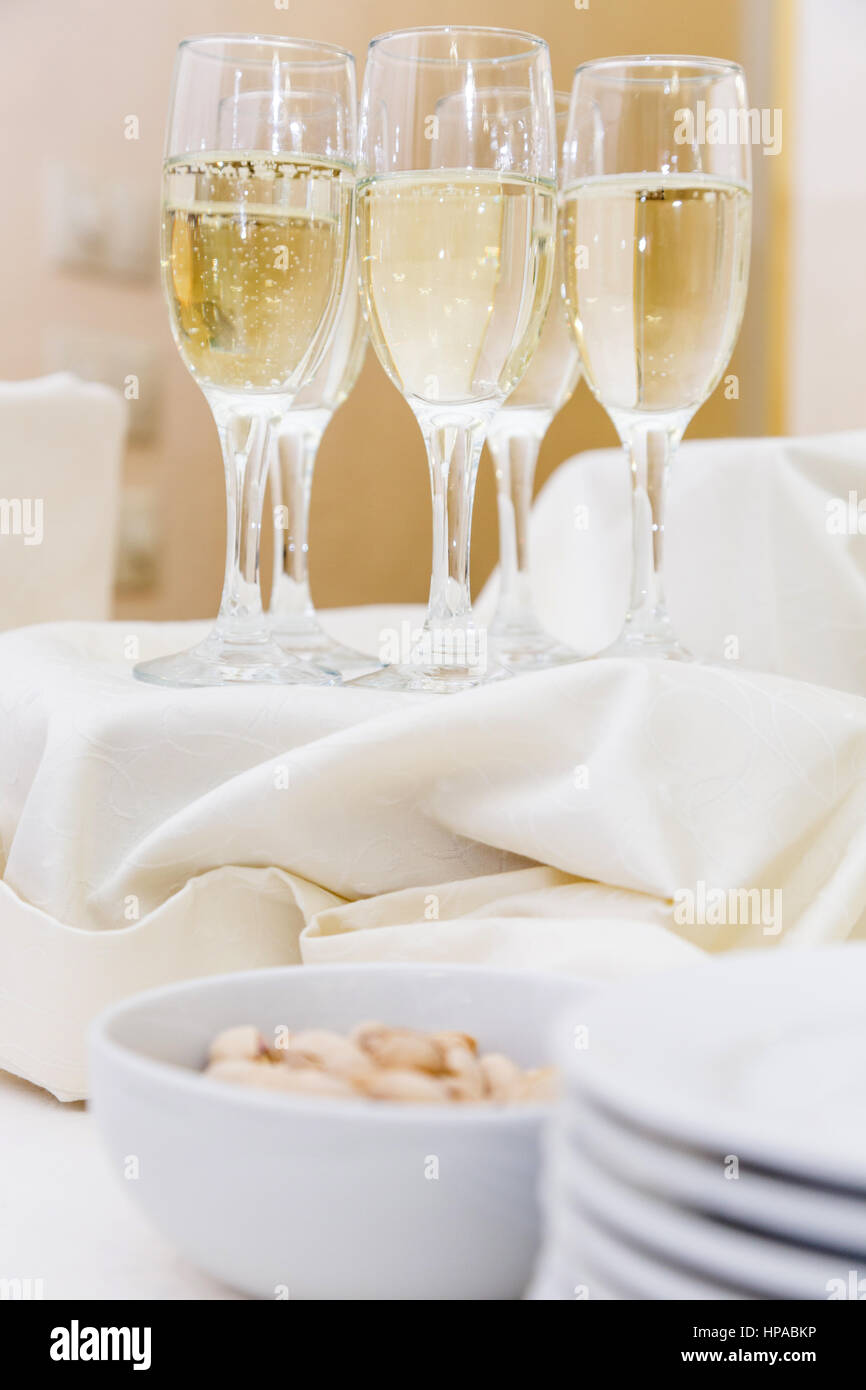 champagne with light snack serving on wecome table for paty, event ...