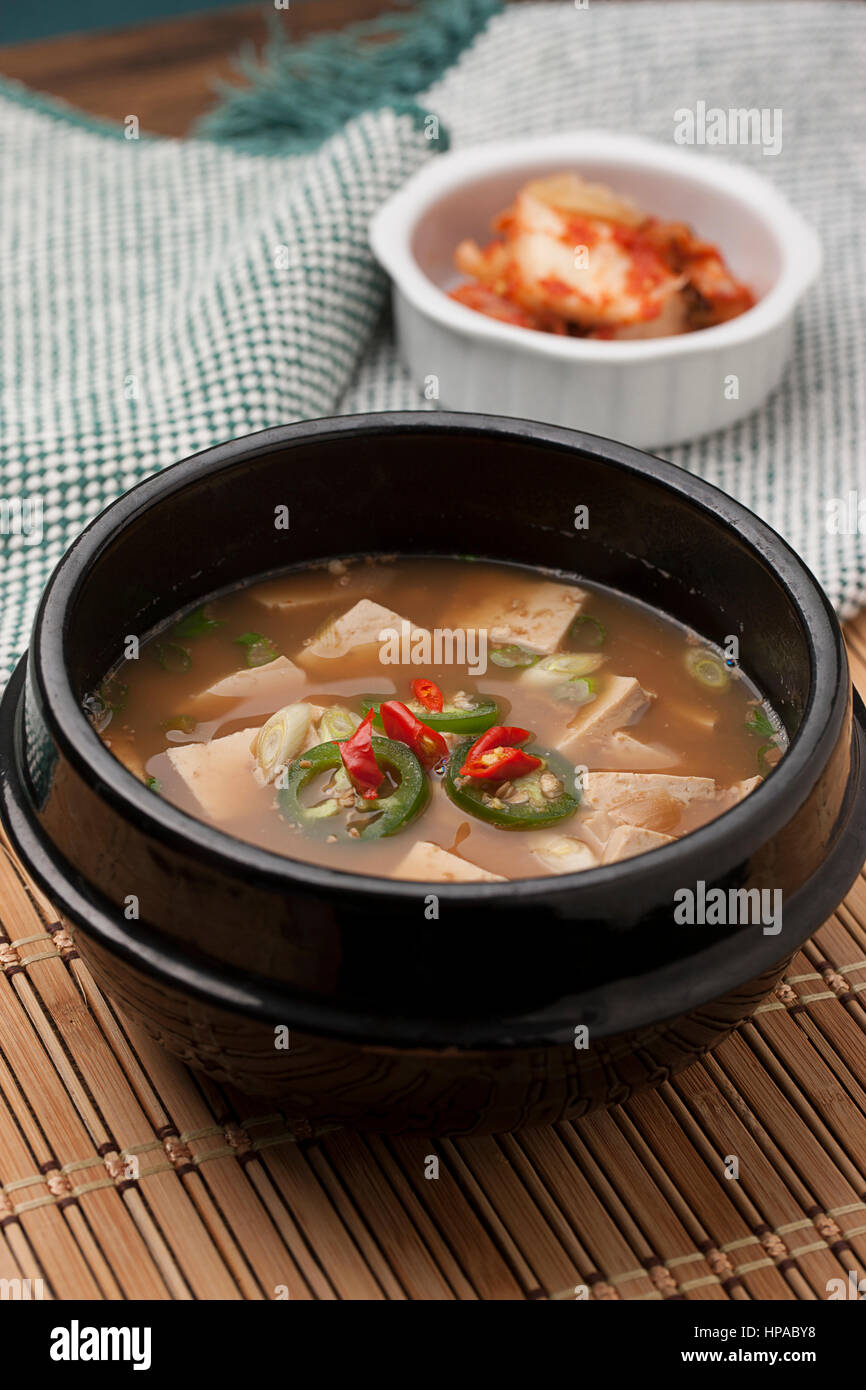 A close up of a popular Korean dish called Denjang Chigae with a side ...