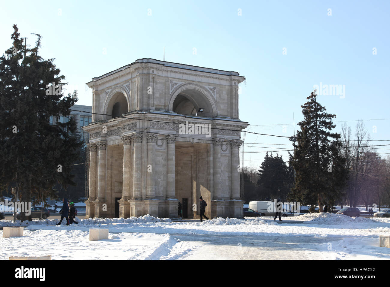 Moldova. Chisinau. Arc de Triomphe (Arch of Victory) and the cathedral ...
